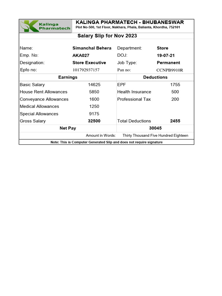 Pay Slip - Nov 1 | PDF