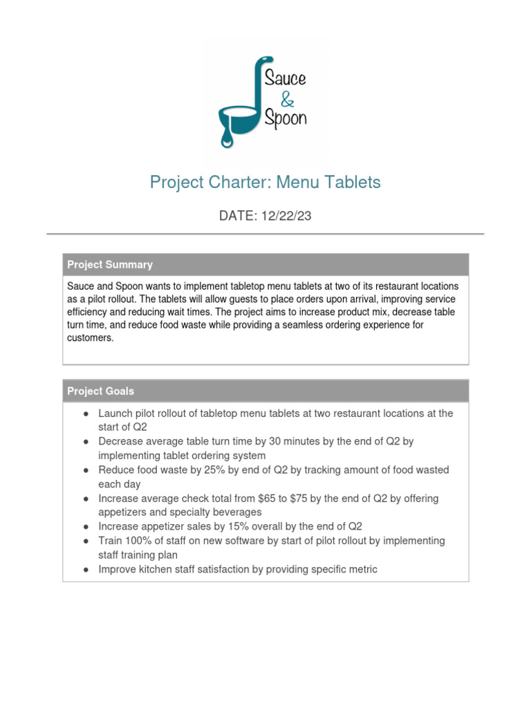Menu Tablets Pilot Project Charter | PDF | Menu | Tablet Computer
