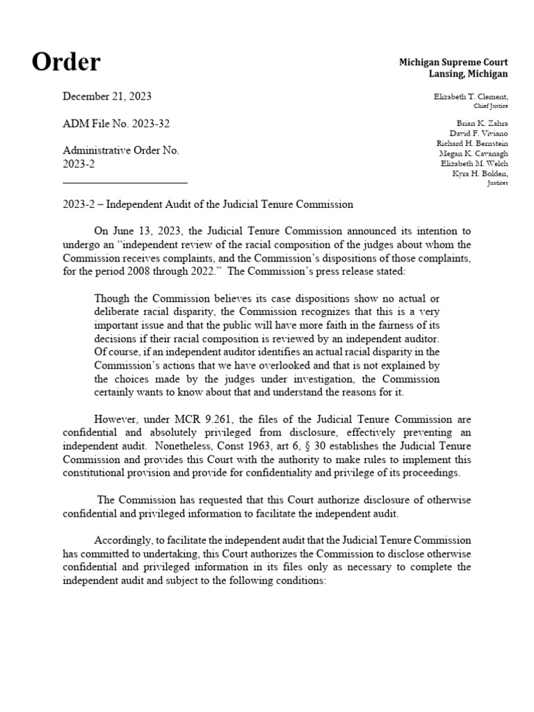 Michigan Supreme Court Issues Independent Audit of Judicial Tenure ...