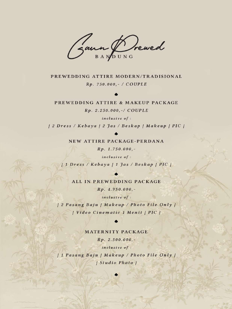 Pricelist Gaun Prewed | PDF