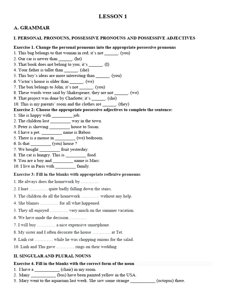 Possessive Pronouns and Adjectives Exercises | PDF | Pronoun