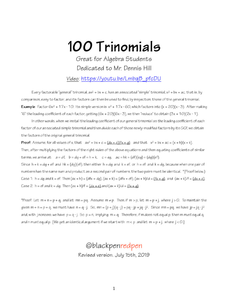 100 Trinomials | PDF