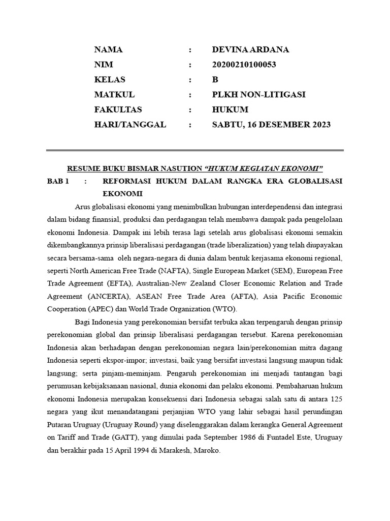 Resume Buku Hukum Kegiatan Ekonomi (PLKH NON LITIGASI) Devina Ardana | PDF | Pengelolaan ...