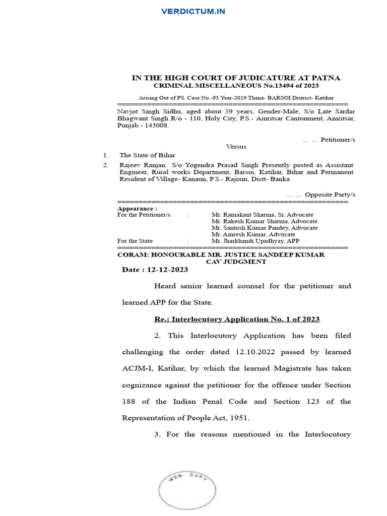 Navjot Singh Sidhu V Biharwatermark 1571701 | PDF | Complaint | Public Law