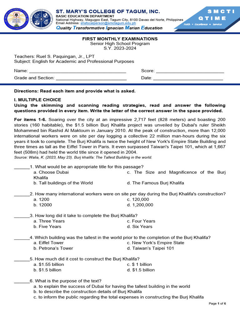 First Monthly Examinations Eapp | PDF