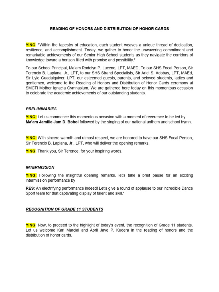 Reading of Honors Script | PDF