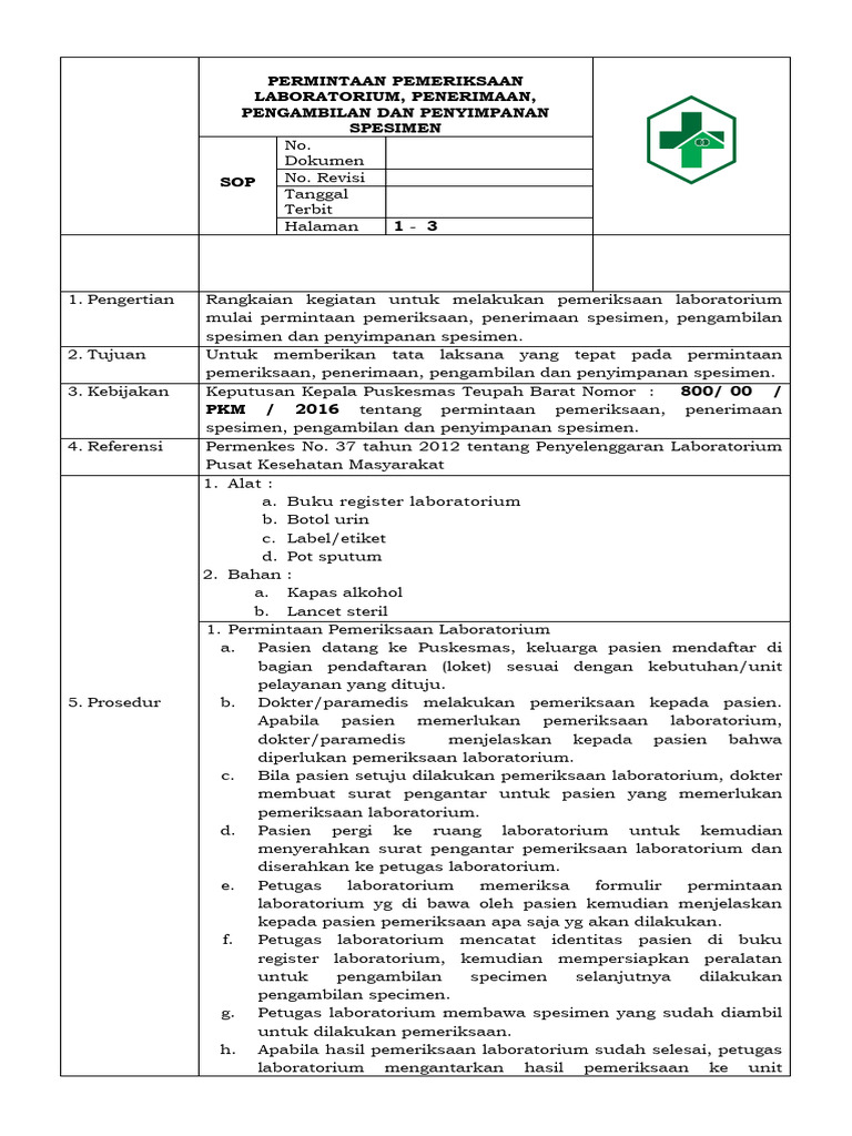 Sop Proses Permintaan Pemeriksaan, Penerimaan Spec Laboratorium | PDF