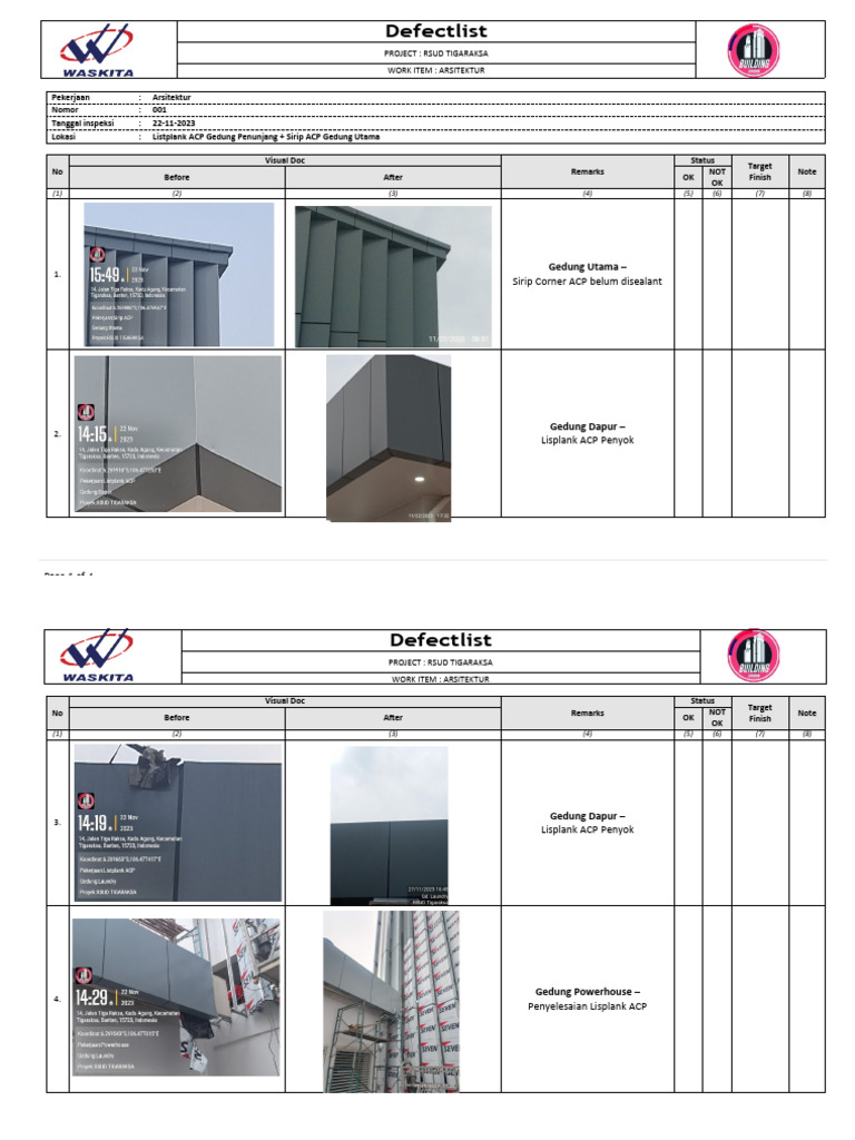 Defectlist LISPLANK ACP Gedung Penunjang Dan Sirip Gedung Utama | PDF