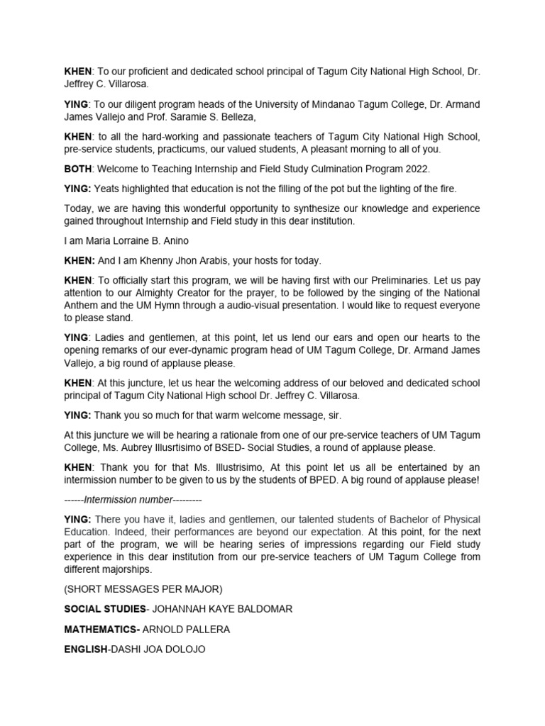 Culmination Script | PDF