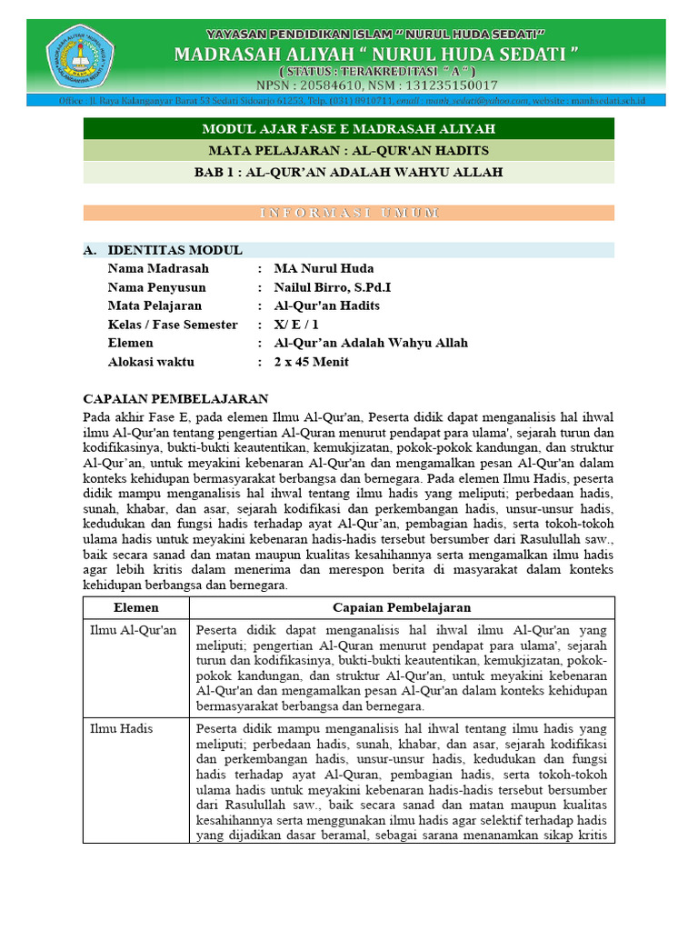 Modul Qurdis 10 Bab 1 - Al-Qur’an Adalah Wahyu Allah | PDF