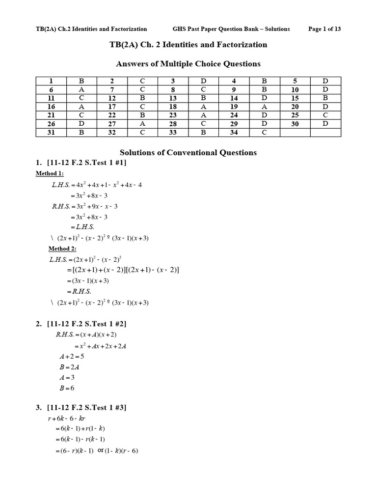 (11-16) 2A-Ch.2-Identities - Factorization - ANS | Download Free PDF | Algebra | Factorization