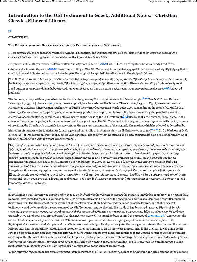 H. B. Swete Introduction To The Old Testament in Greek. Additional ...