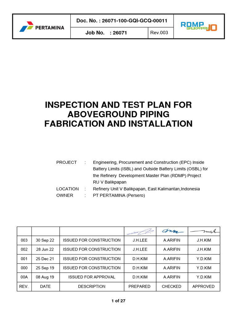 26071-100-GQI-GCQ-00011-003 ITP For AG Piping Fabrication & Installation | Download Free PDF ...