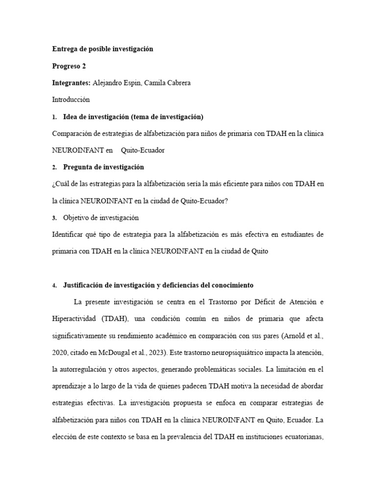 Entrega Progreso 2 | Descargar gratis PDF | Desorden hiperactivo y deficit de atencion | Ecuador