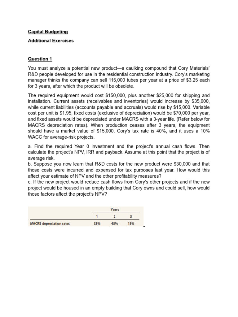 Capital Budgeting Exercises | PDF | Depreciation | Capital Budgeting