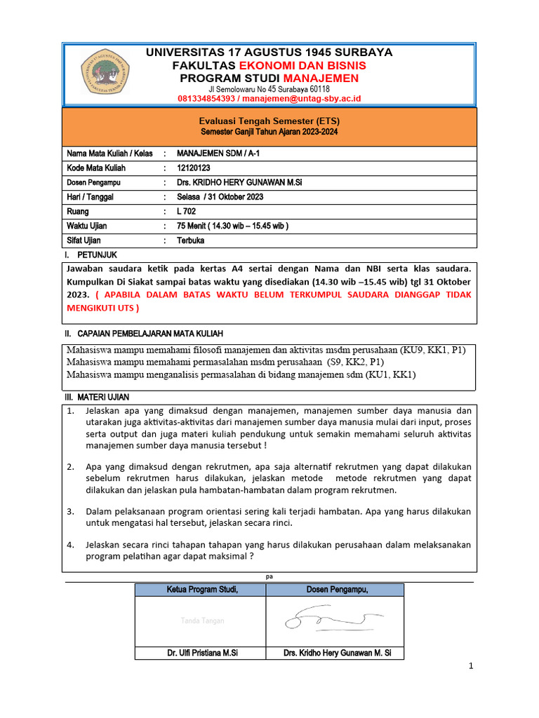 Soal Uts MSDM Gasal 2023-2024 A-1 | PDF