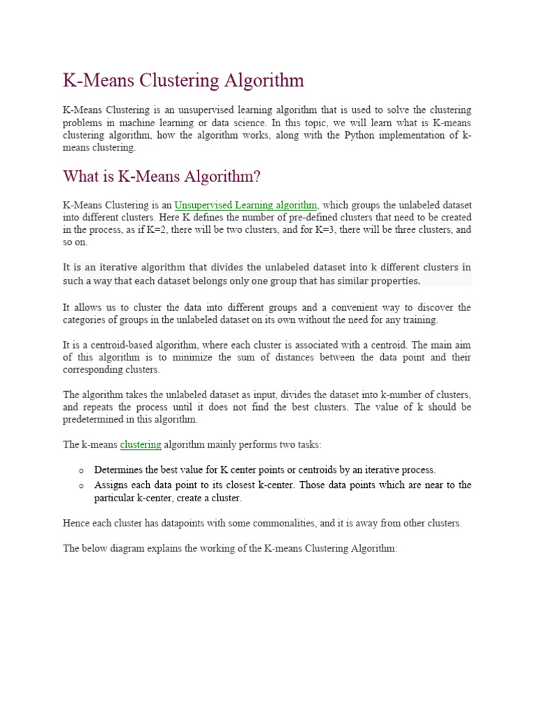 K Means Clustering Algorithm | PDF | Cluster Analysis | Machine Learning