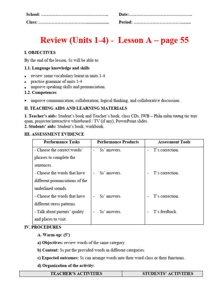 Review - Units 1-4 - Page 55 | PDF | Teachers | Word