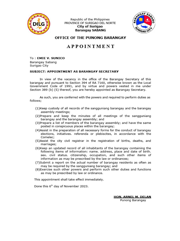 Appointment of Barangay Secretary | PDF | Law