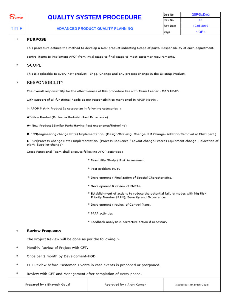 QSP-D&D-02 APQP Procedure | PDF | Business Process | Systems Theory