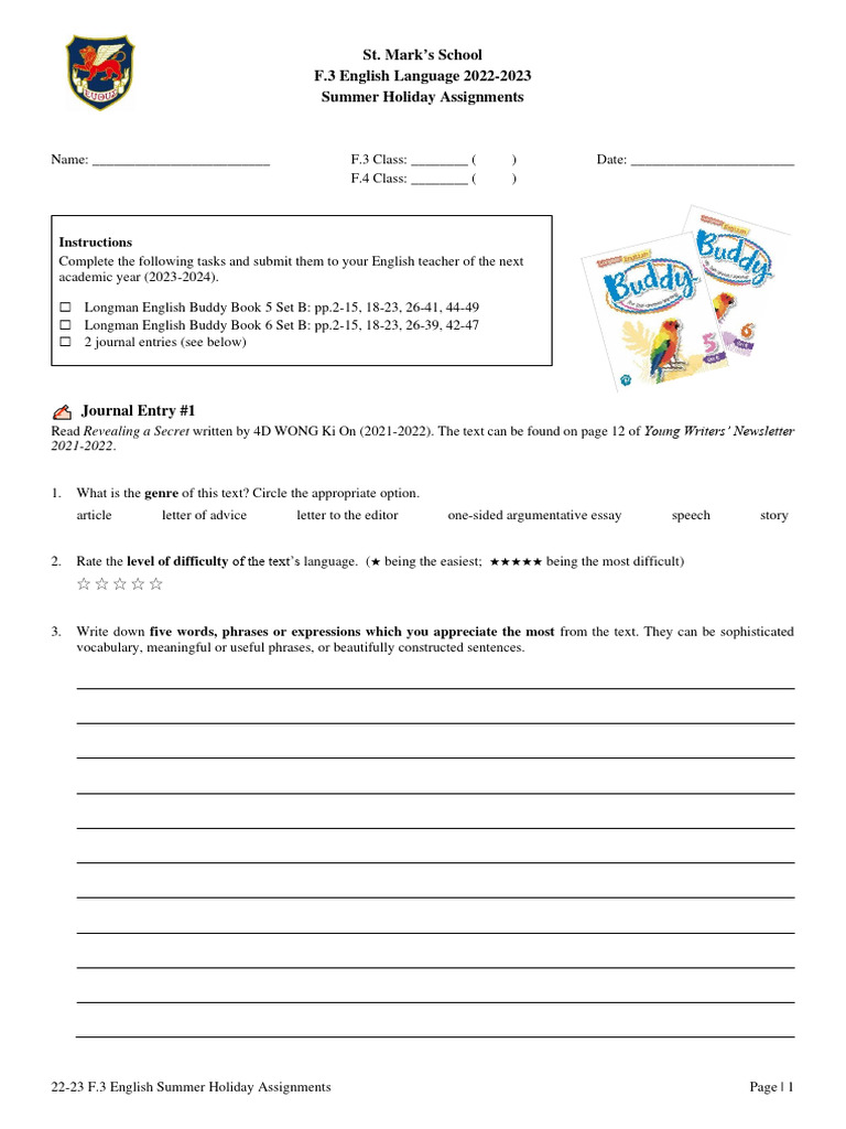 F.3 English Summer Assignments 2022-23 | PDF | English Language ...