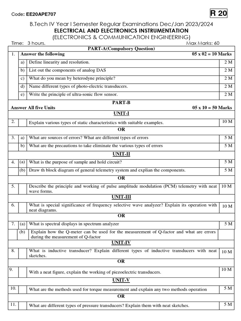 SVCE - EEI - Model Question Paper (EE20APE707) | PDF