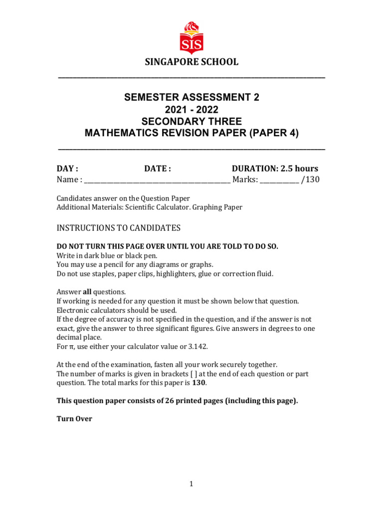 S3 - Se2 - Paper4 - Revision Paper - Ay2021-2022 | PDF | Circle | Area