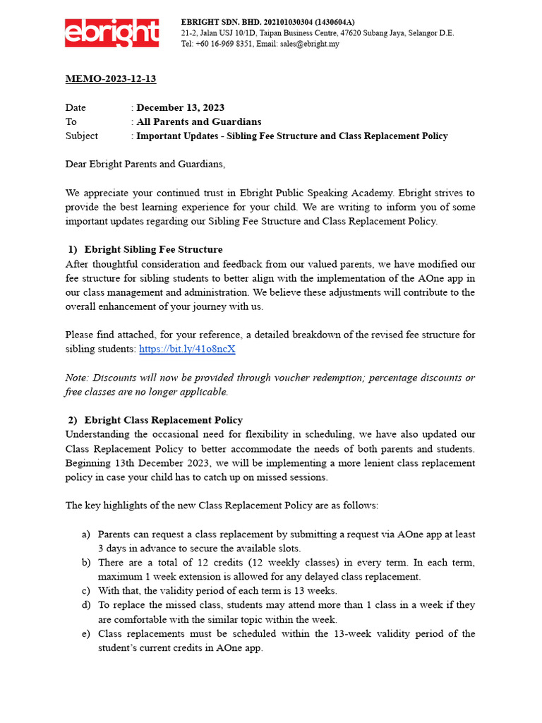 Ebright Memo For Parents & Guardians | PDF
