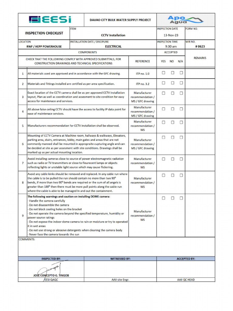 Checklist & Itp - CCTV Installation | PDF