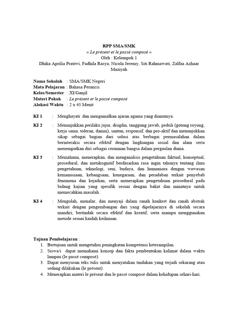 RPP SMA - Le Present Et Le Passe Compose (Kelompok 1) | PDF