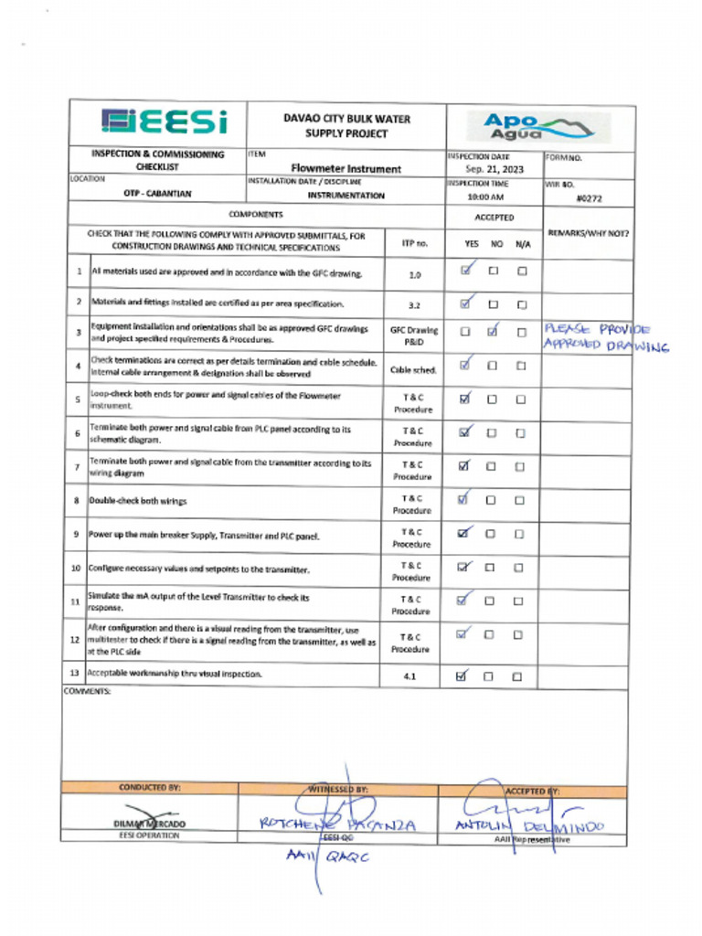 CHECKLIST & ITP - Flow Meter | PDF