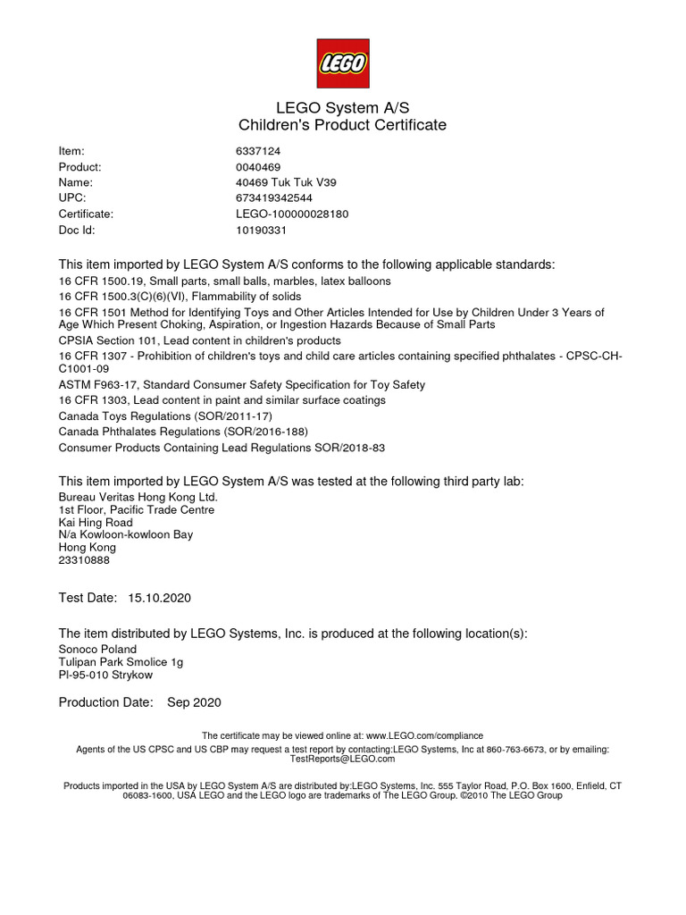 LEGO System A/S Children's Product Certificate | PDF