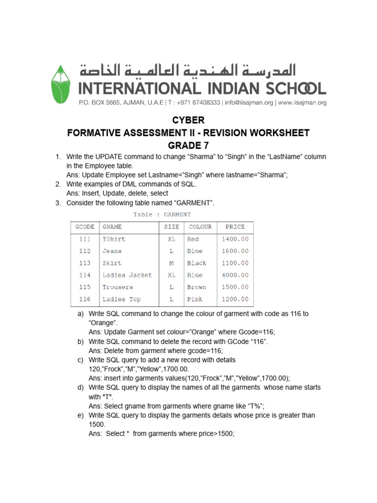 Grade 7 SQL Revision Worksheet | PDF | Sql | Table (Database)