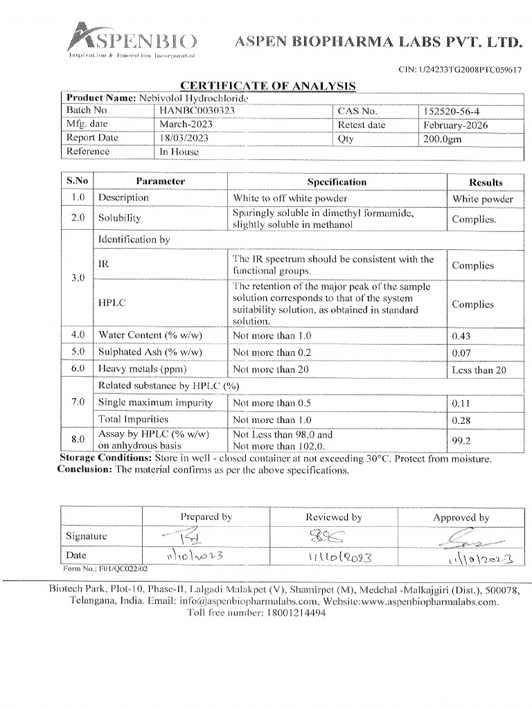 Nebivolol Hydrochloride Coa Pdf