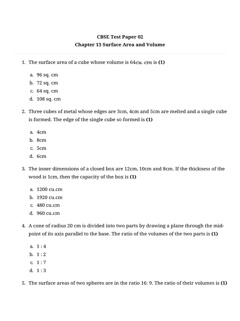 Surface Area and Volume Test Paper | PDF
