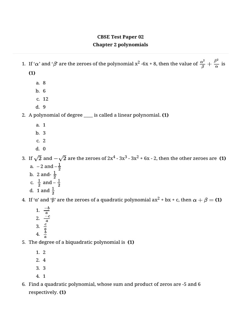 Polynomials Test 02 Ans Pdf Polynomial Factorization 6944