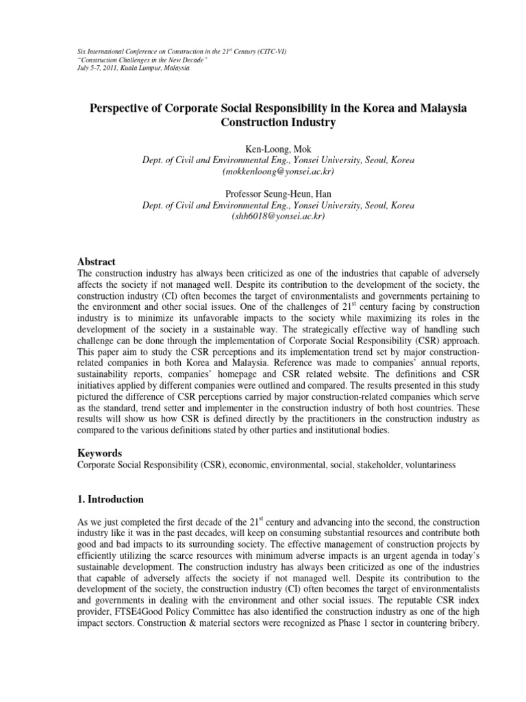 01 CITC - Perspective of CSR in The Korea and Malaysia Construction Industry | PDF | Corporate ...