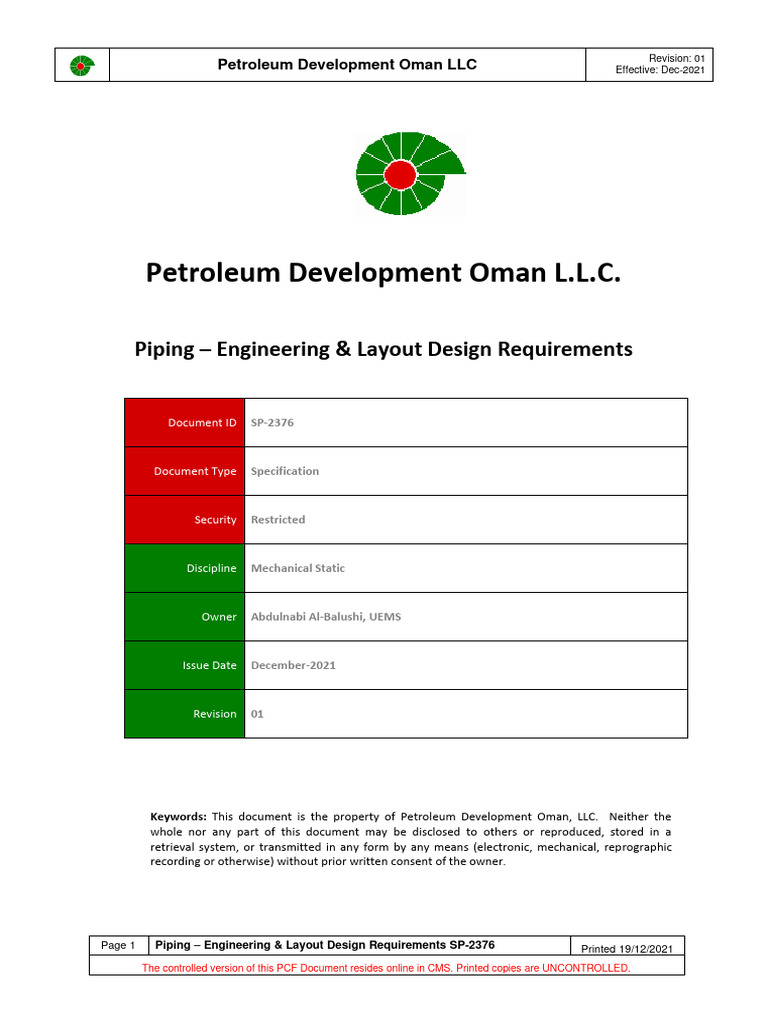 SP-2376-Piping - Engineering & Layout Design Requirements | PDF | Valve | Pipe (Fluid Conveyance)