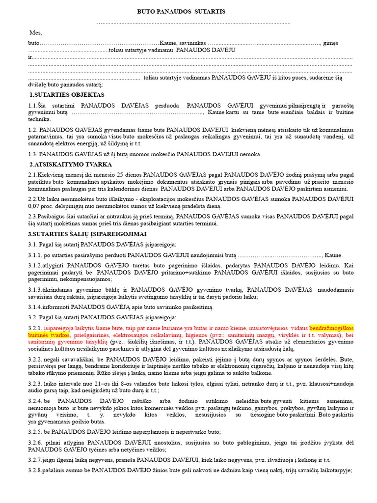Buto-panaudos-sutartis-Mano-šablonas 2a | PDF