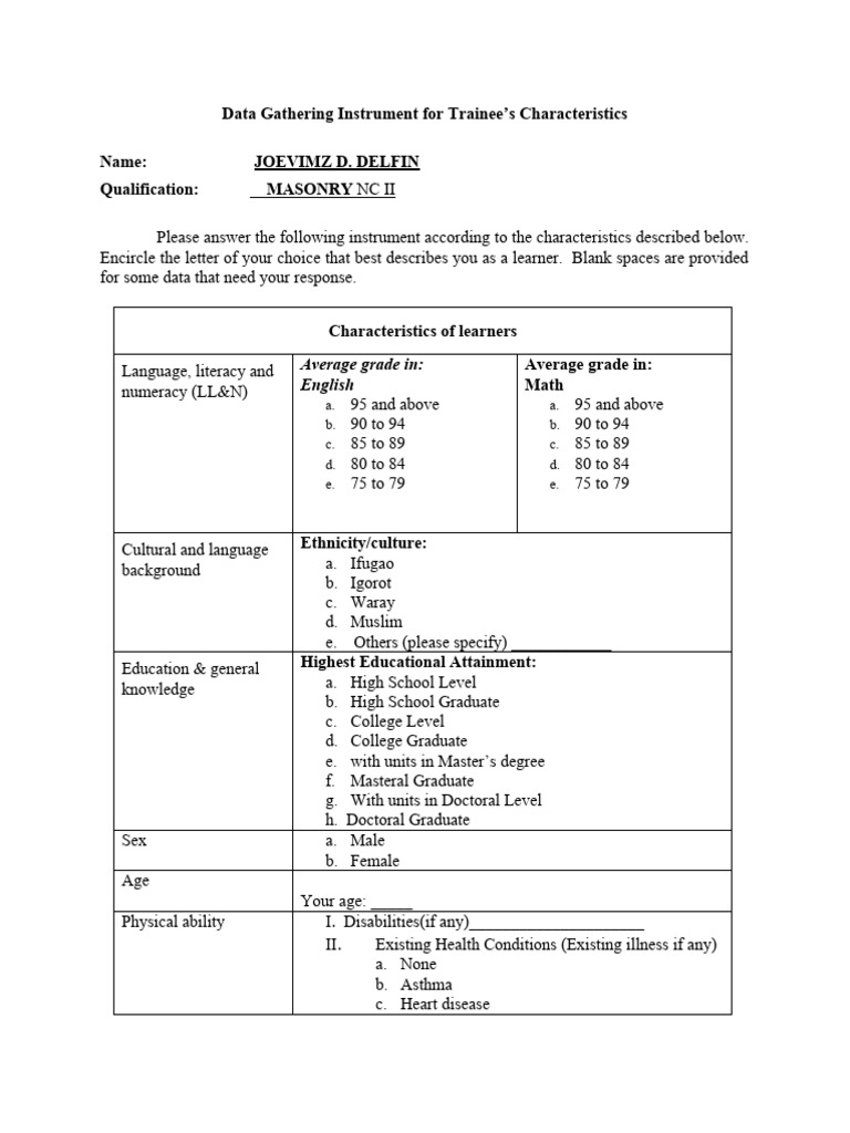 Data Gathering Instrument For Trainee-JOEVIMZ DELFIN | PDF | Learning ...