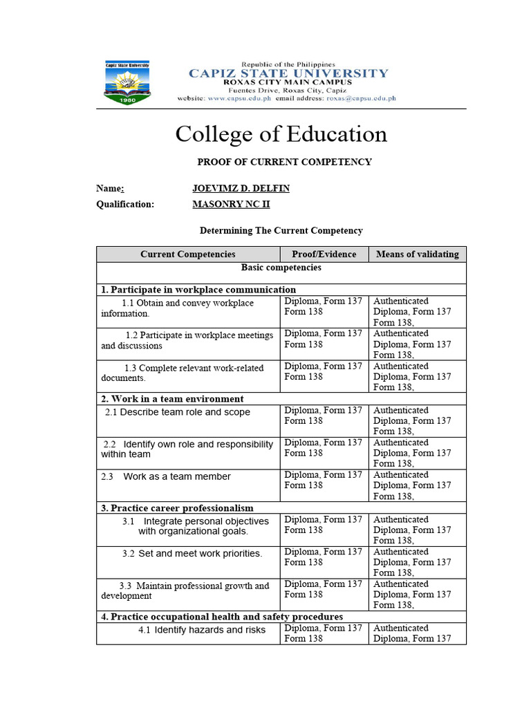 Proof of Current Competency - Joevimz Delfin | PDF | Diploma ...