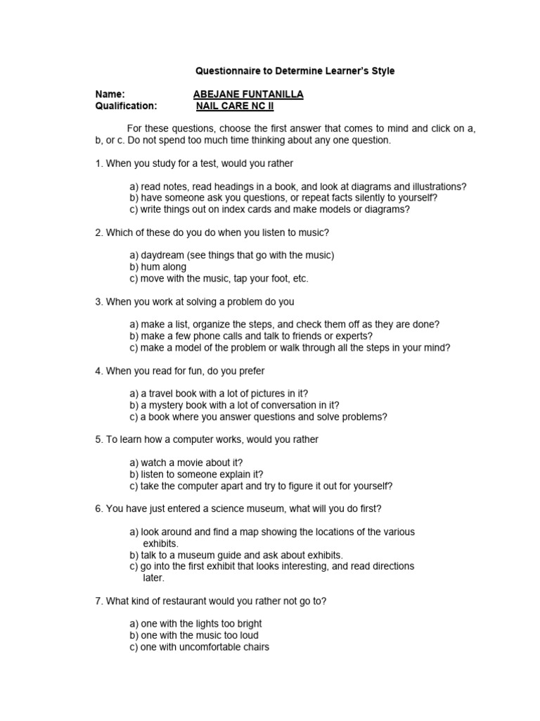Questionnaire To Determine Learner | PDF