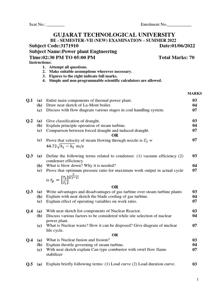 Gtu Paper Power Plant Engineering | Download Free PDF | Boiler | Turbine