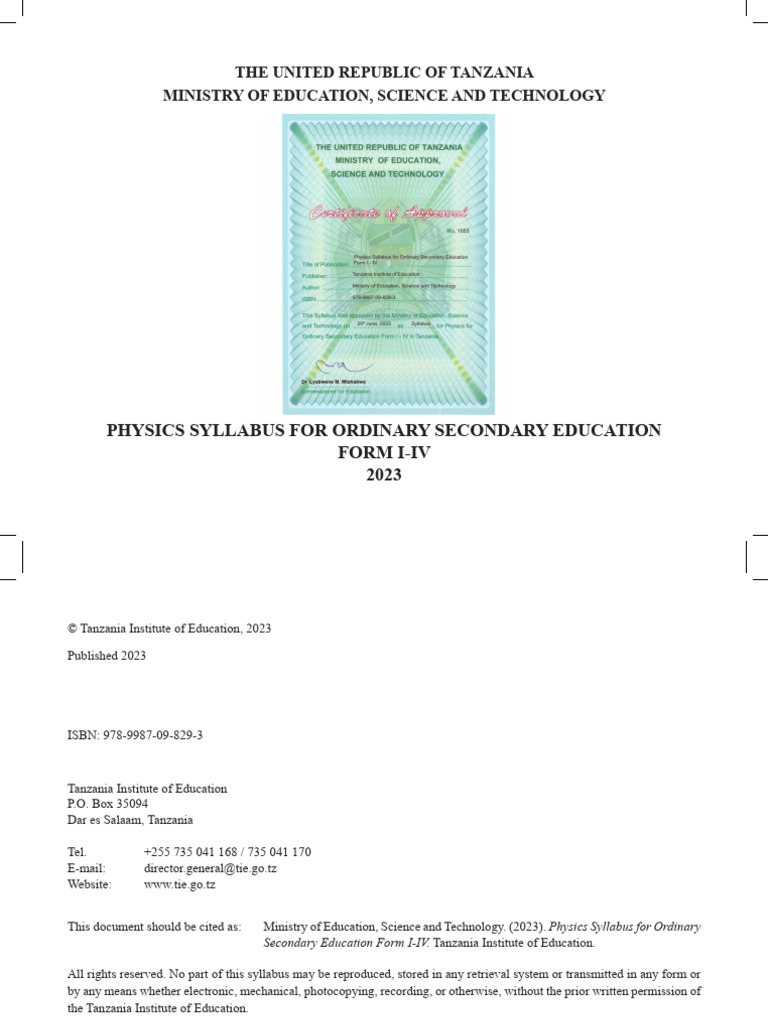 Physics Syllabus Form I-IV 2023 Tanzania | PDF | Educational Assessment ...