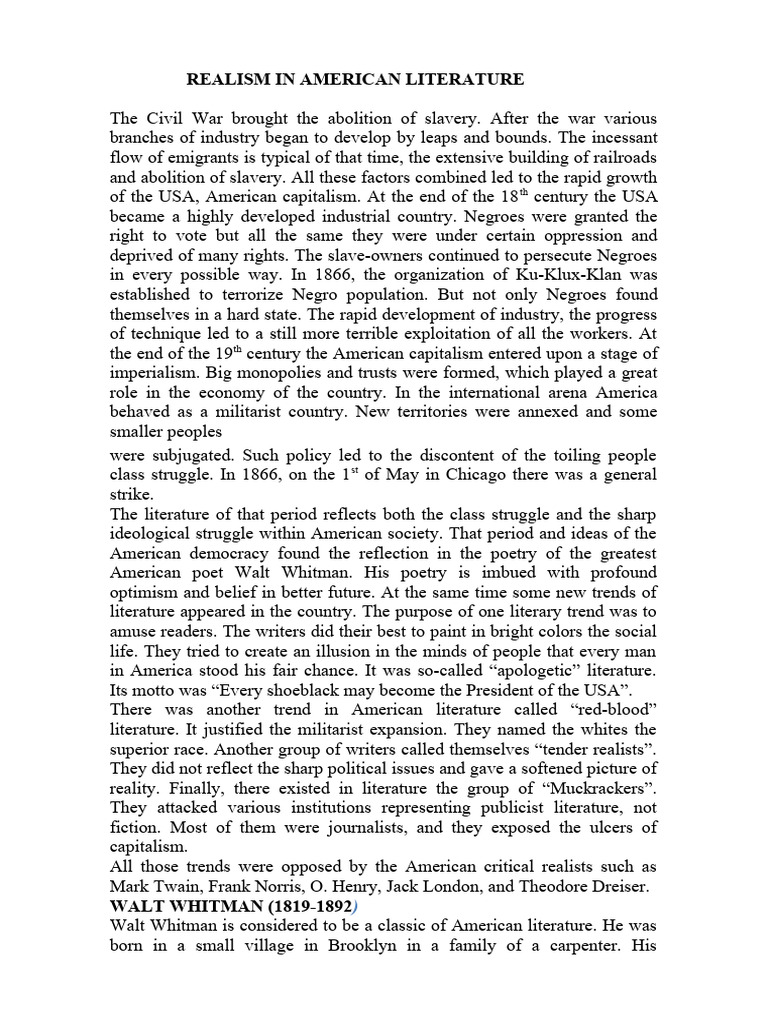 Realism in American Literature | PDF | Poetry | Mark Twain