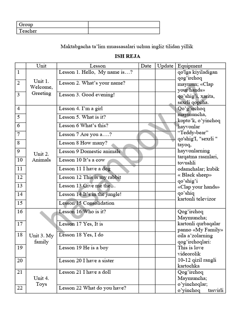 MTM Ingliz Tili Ish Reja | PDF