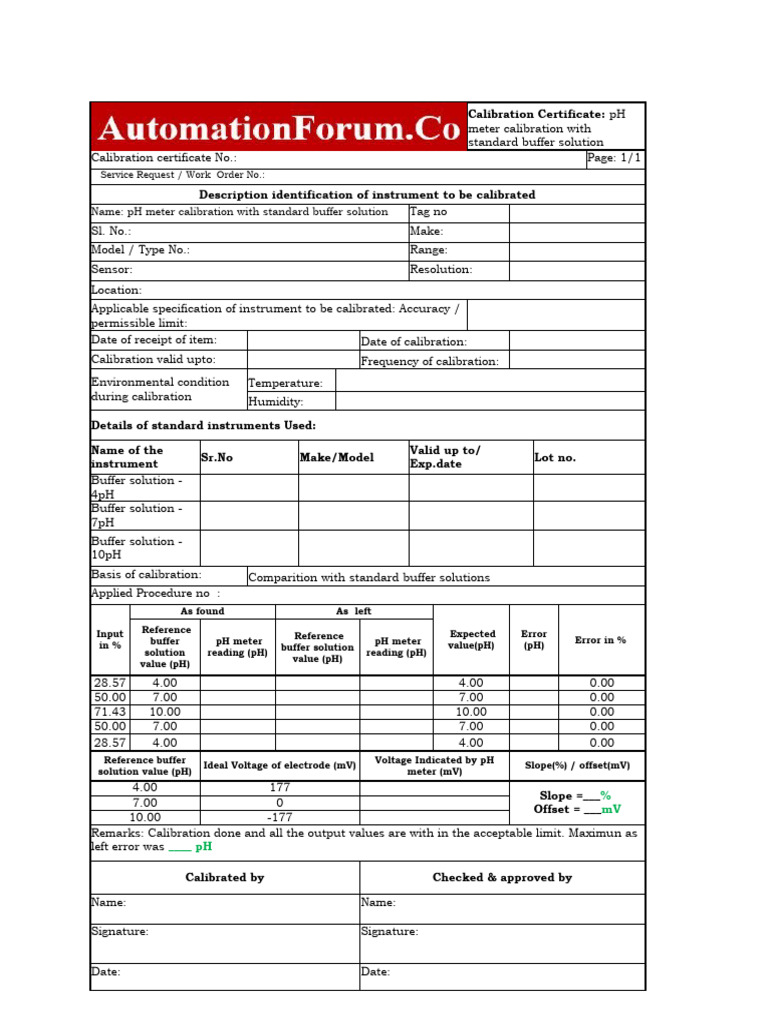 Template For Calibration Report of PH Meter | PDF | Ph | Calibration