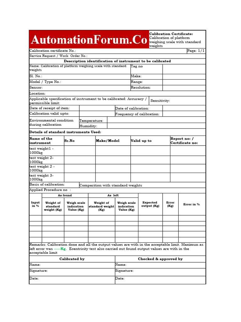 Template For Calibration Report of Platform Weighing Scale | PDF