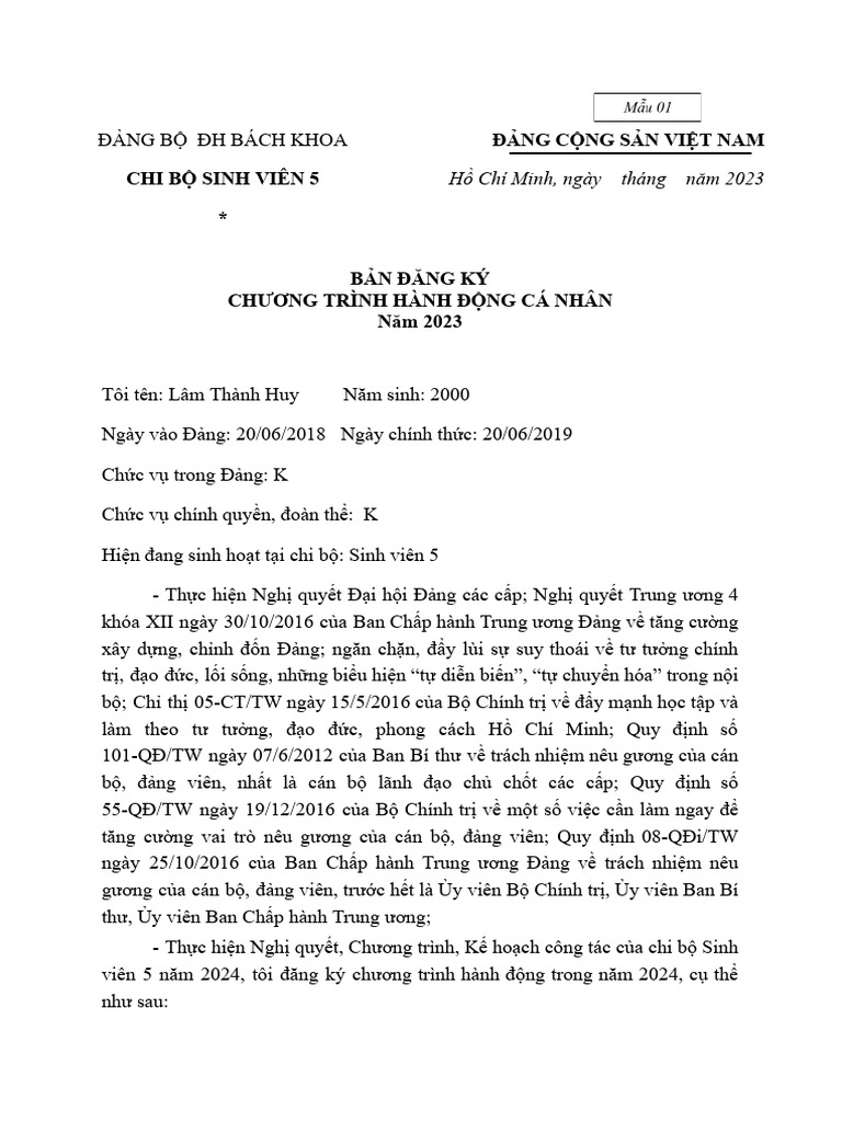 Dang Ki Chuong Trinh Hanh Dong CA Nhan Hang Nam | PDF