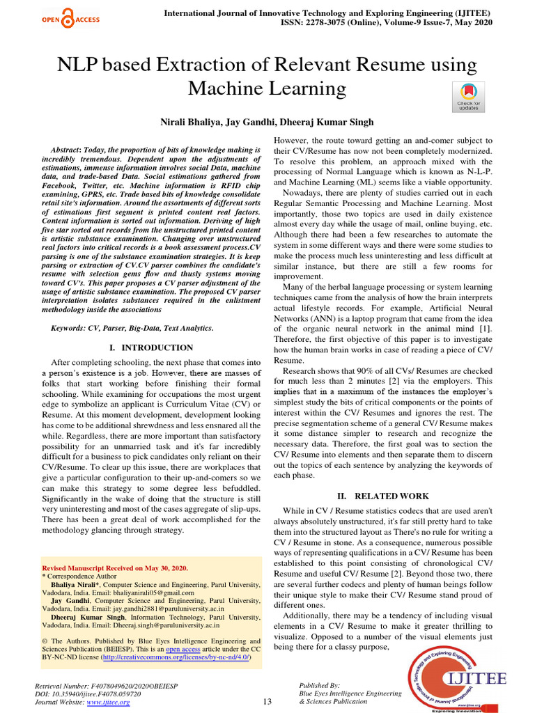 NLP Based Extraction of Relevant Resume Classification | PDF | Parsing | Big Data